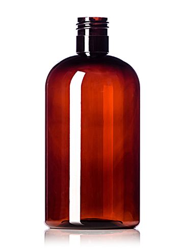 12 oz amber PET plastic squat boston round bottle with 24-415 neck finish